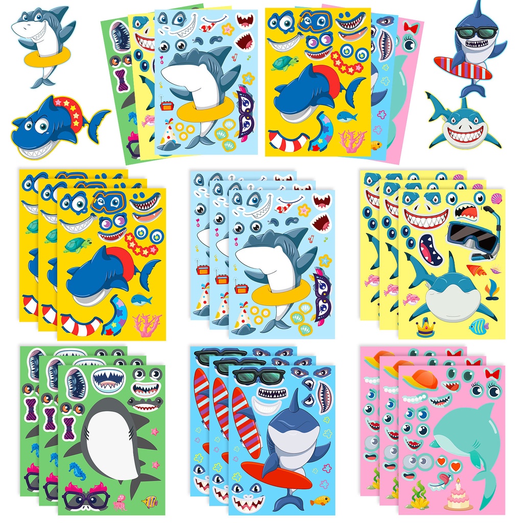 6PCS Marine Organisms Sharks Face Changing Puzzle DIY Stickers For ...
