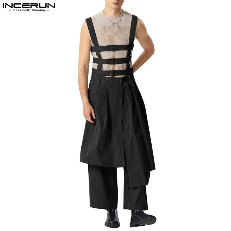 INCERUN Men Vintage Solid Color Straight Pleated Layered Overalls ...