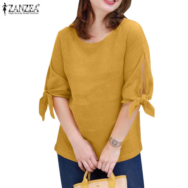 Zanzea Women Vintage Everyday Leisure Solid Color O Neck Half Sleeve