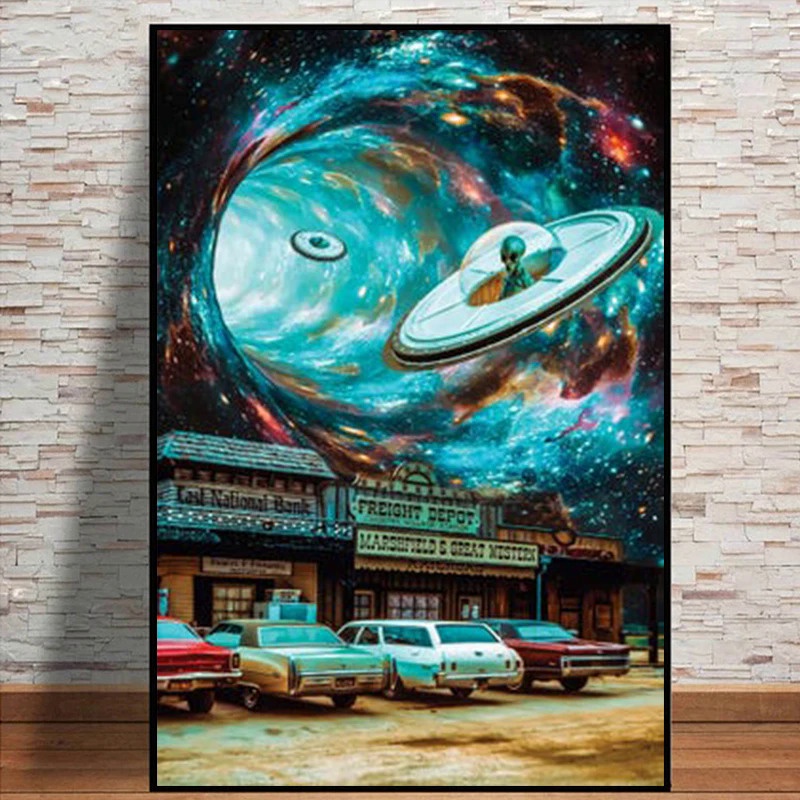Western Invasion Flying Saucer Aliens Canvas Painting Wall Art ...