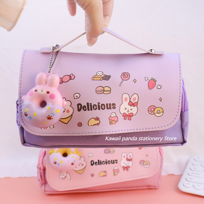 3D Kawaii Pencil Case Donut 3 Layers Pen Pouch Cute Bear Waterproof ...