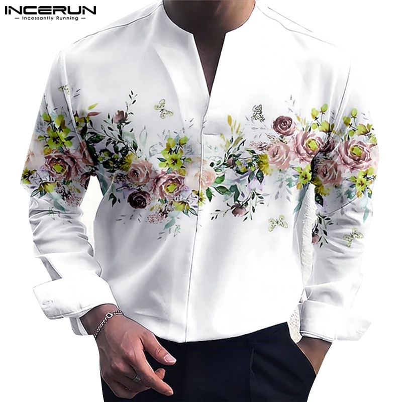 INCERUN men's floral print V-neck long sleeved shirt | Shopee Philippines