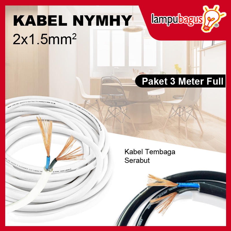 Copper Fiber Electrical Cable / NYMHY Cable 2x1.5mm 3 Meters SNI Cable ...