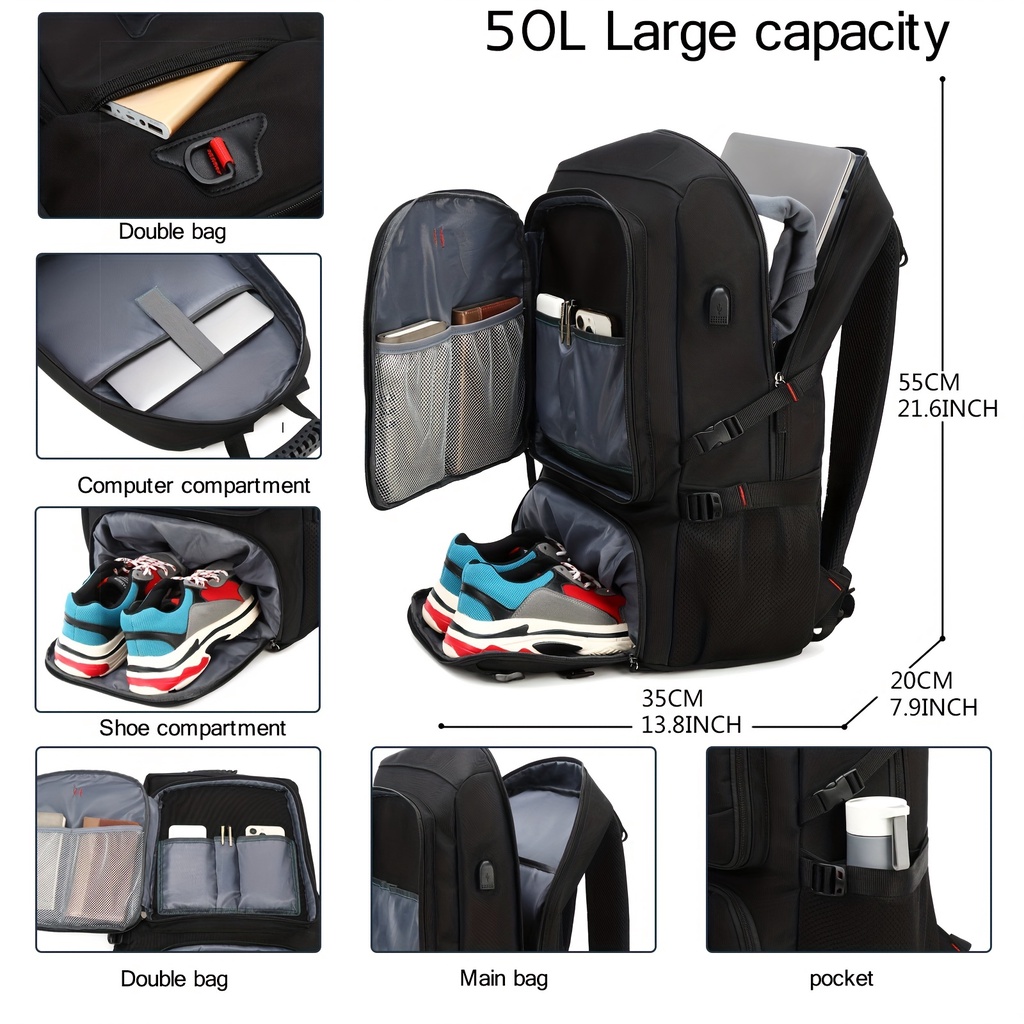 60-80L Travel Backpack men waterproof beg pack with shoe compartment ...