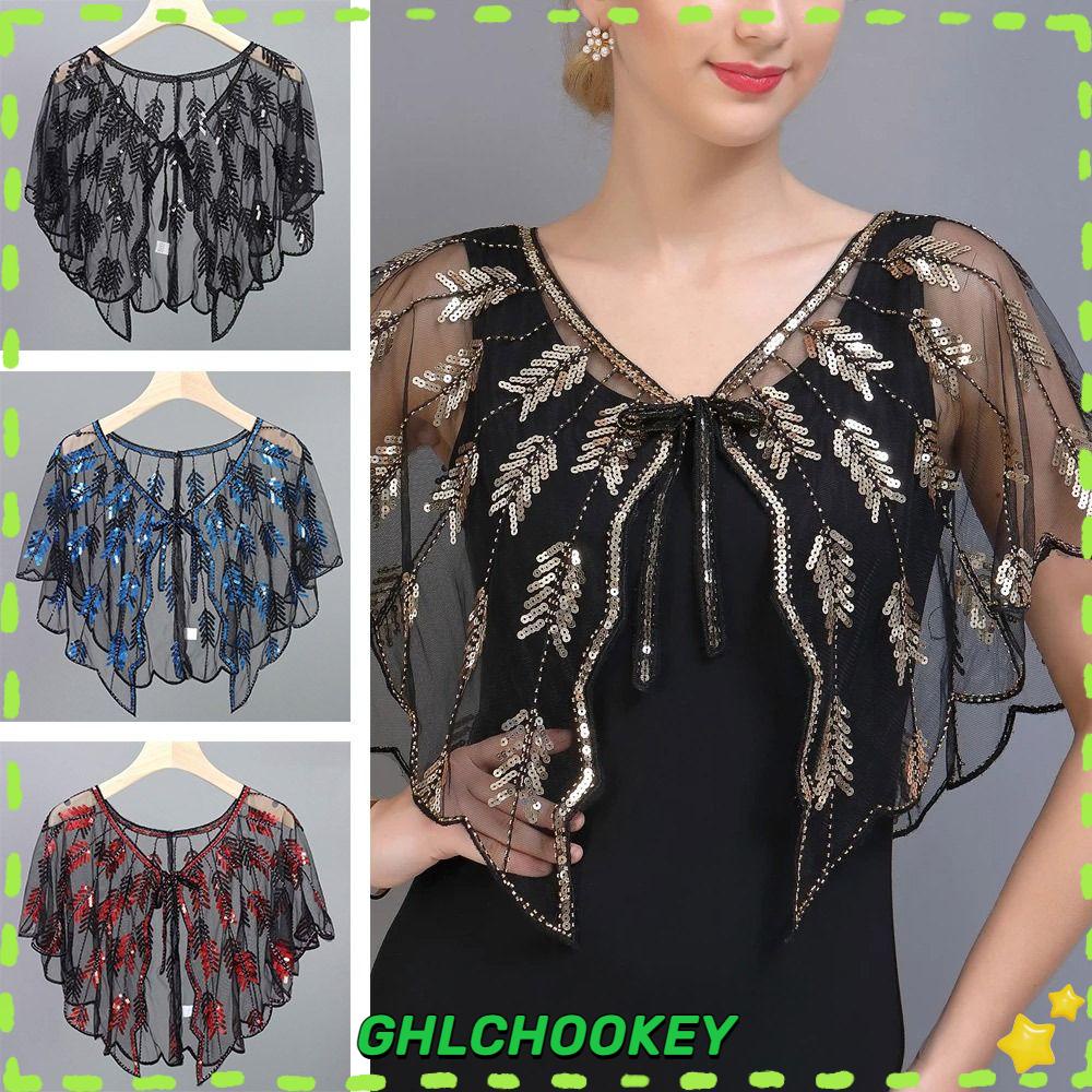 GHLCHOOKEY Women Shawl Elegant Cosplay Cloak Wrap Sequin Cape Tulle ...