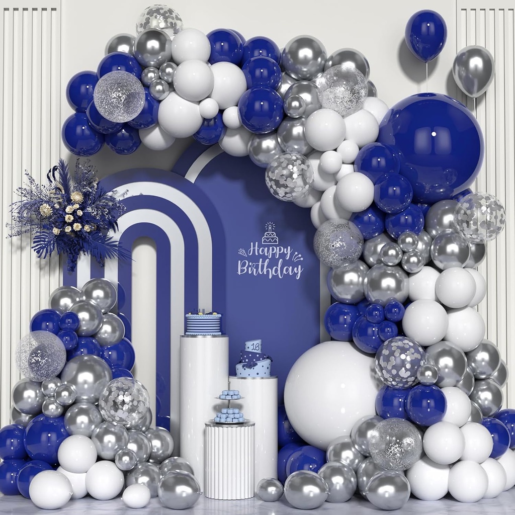 Blue Balloons Garland Arch Kit, Navy Blue White Latex Balloons Metallic Silver Confetti Balloon ...