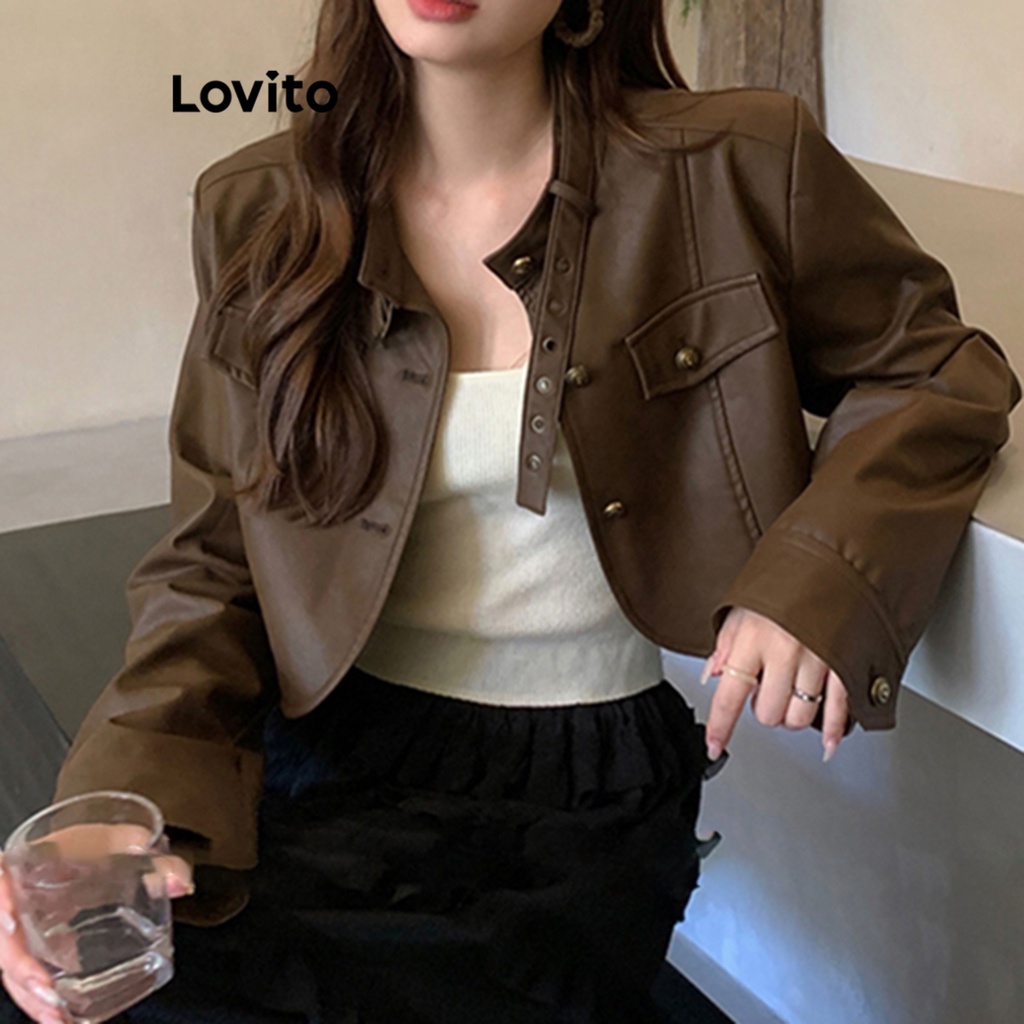 Lovito Women Casual Plain Button Fake Pocket Jacket LNE30296 | Shopee ...