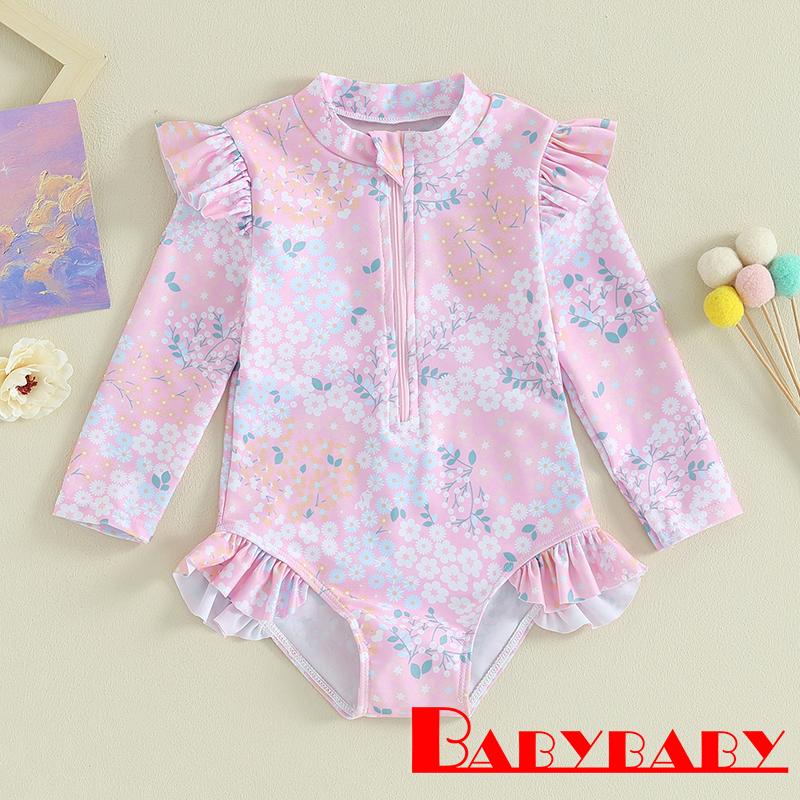 Bab-Girl Summer Ruffle Floral Print Long Sleeves Zipper Bathing Suits ...