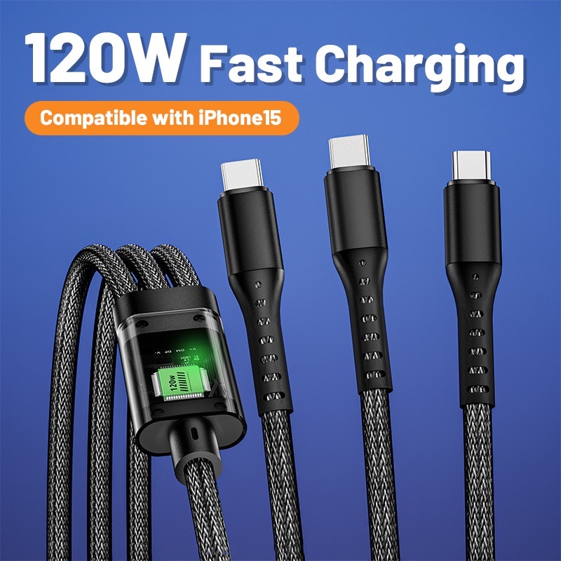 120W 3 in 1 Super Charging Cable 6A Micro USB Type C indicator Fast ...