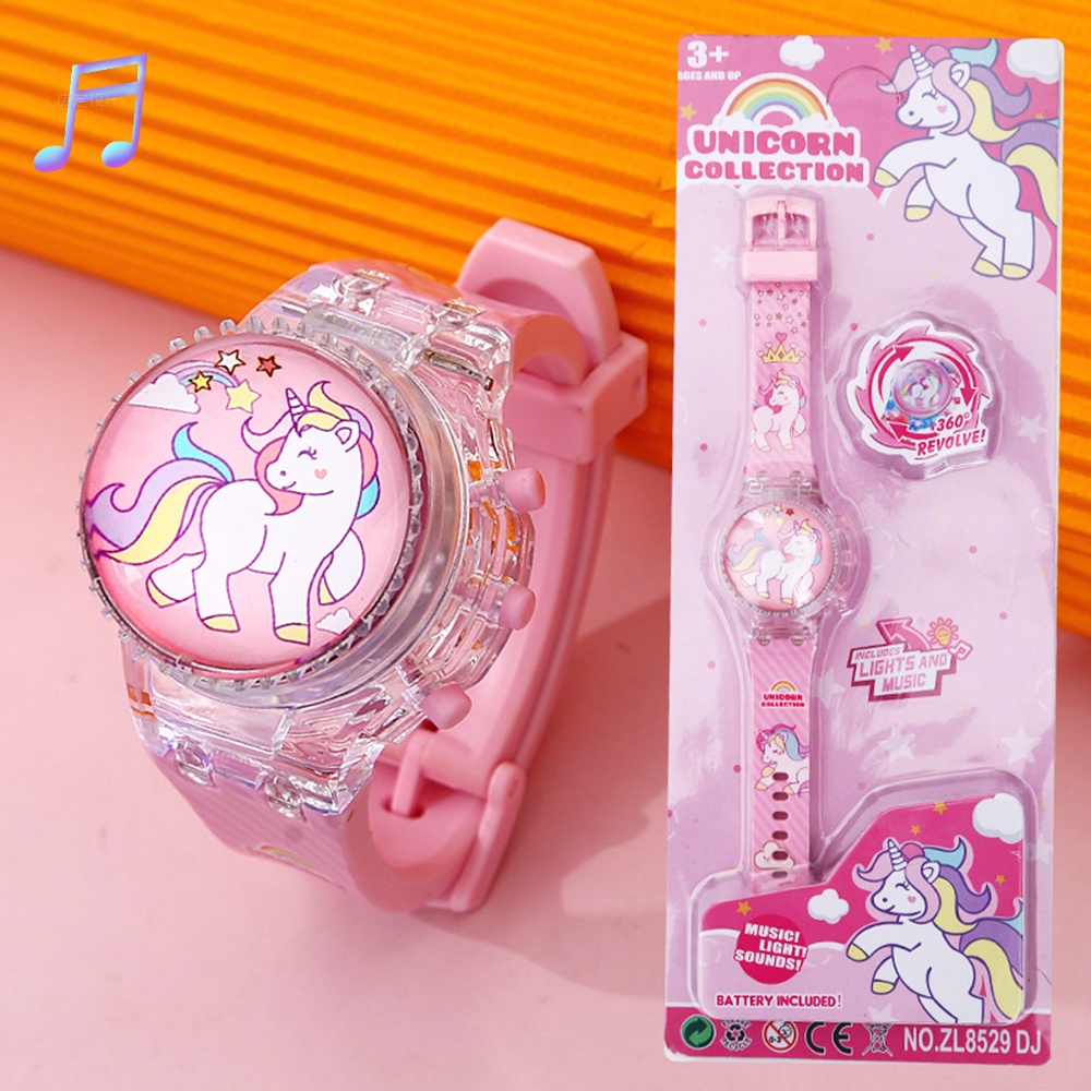 Pink Unicorn LED Watch for Kids Girls Rotating Music Cartoon Watches ...