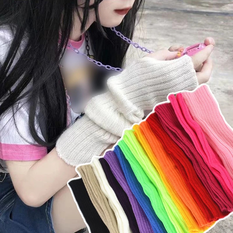 Y2K Women Knitted Arm Warmer Long Fingerless Gloves Mitten Winter Warm ...