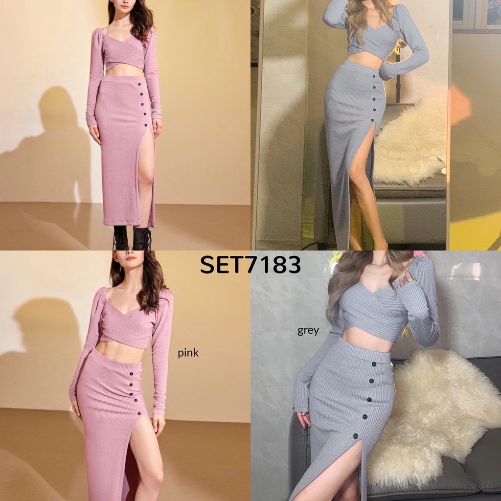 Bodycon Overlay Crop Top w/ Slit Skirt Set SET7183 | Shopee Philippines