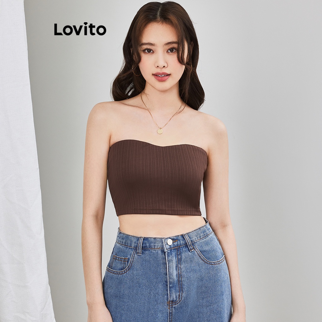 Lovito Women Casual Plain Crop Basic Tank Top L65ed043 Brown Black