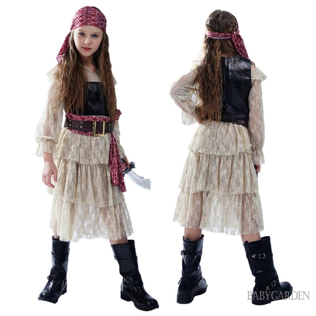 BAGA-4-12 years Kid Girl Halloween Pirate Cosplay 4pcs Clothes Set Long ...