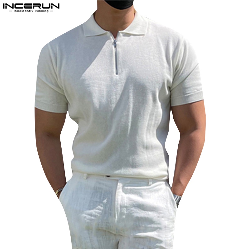 INCERUN Men's Fashion Polo Neck Zipper Solid Short Sleeve Shirt POLO ...