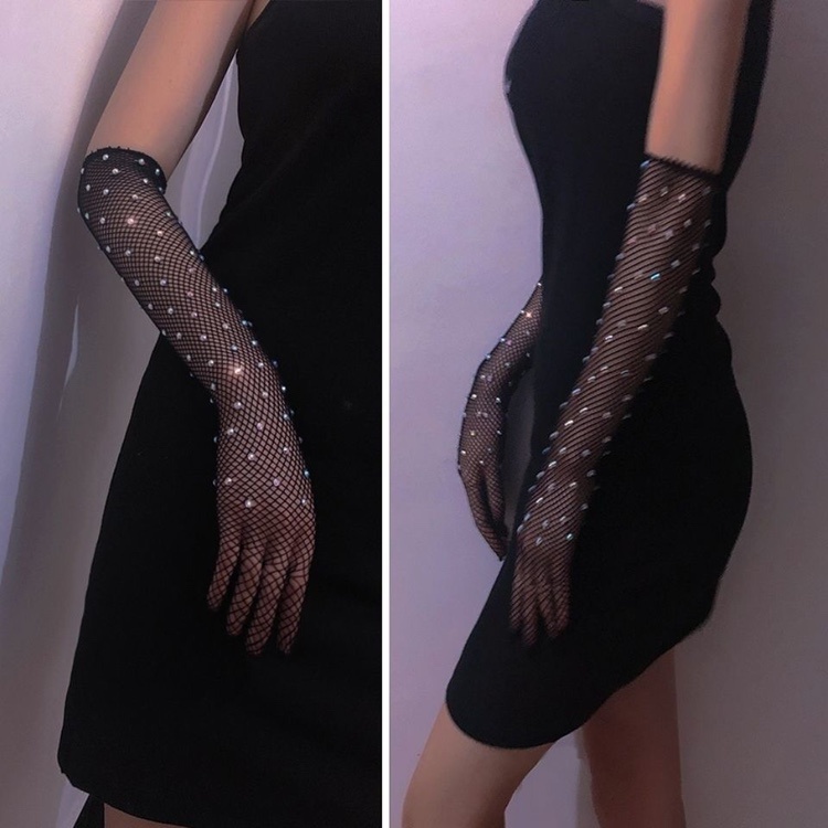 Fashion Sexy Hollow Glitter Rhinestone Fishnet Long Gloves Party Elegant Gloves Stretch Ladies ...