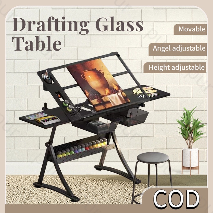 Drafting Glass Table With Side Table Drawer and Padded Stool Student ...