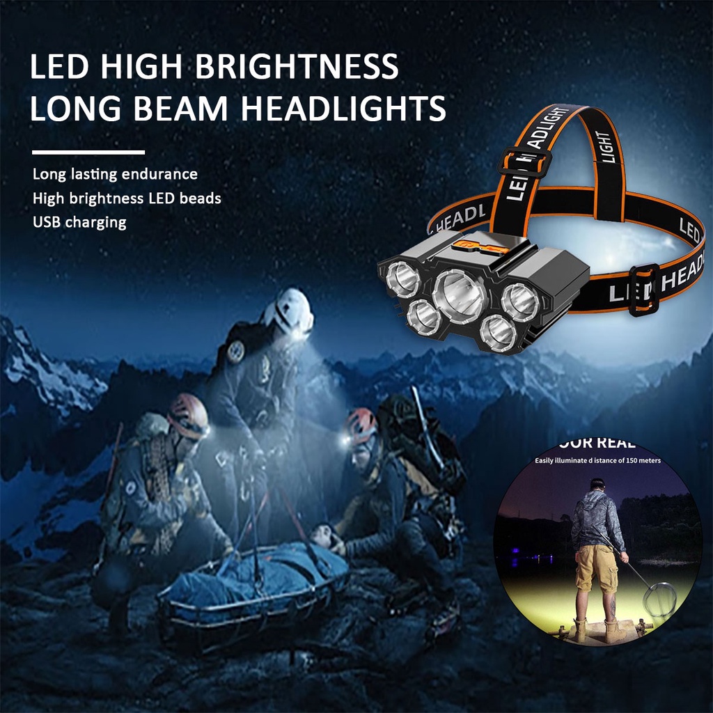 5 LED Rechargeable Headlights With Built-in Battery,Strong Light ...