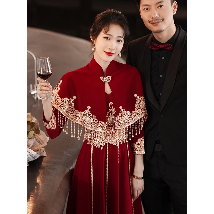 Chinese Style Bridal Toast Dress Wine Red Velvet Stand Collar Wedding ...