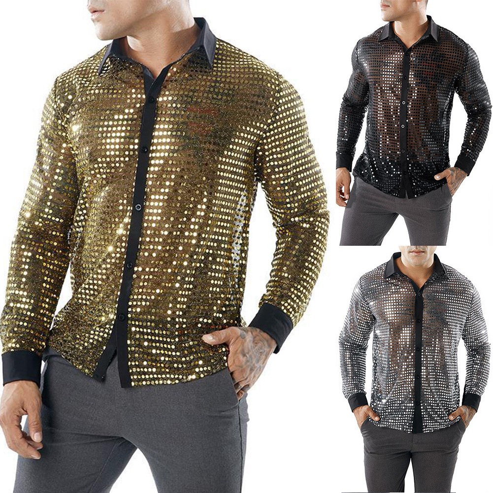 DEAL| Mens Sparkly Sequins Party Dance Shirts Retro 70s Disco Nightclub Shirt Tops | Shopee ...
