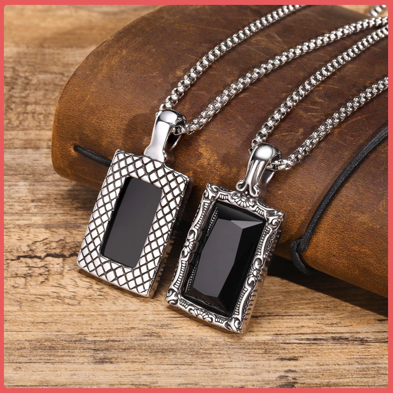 Stainless Steel Square Black Glass Pattern Border Pendant Necklace ...