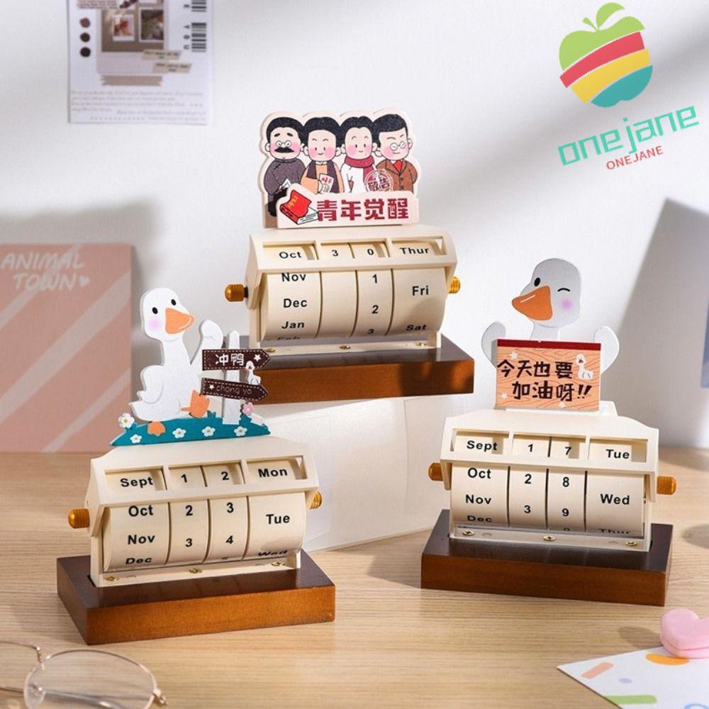 ONE-JANE Perpetual Calendar, Rotary Wooden Base Wheeling Calendar, Cute ...