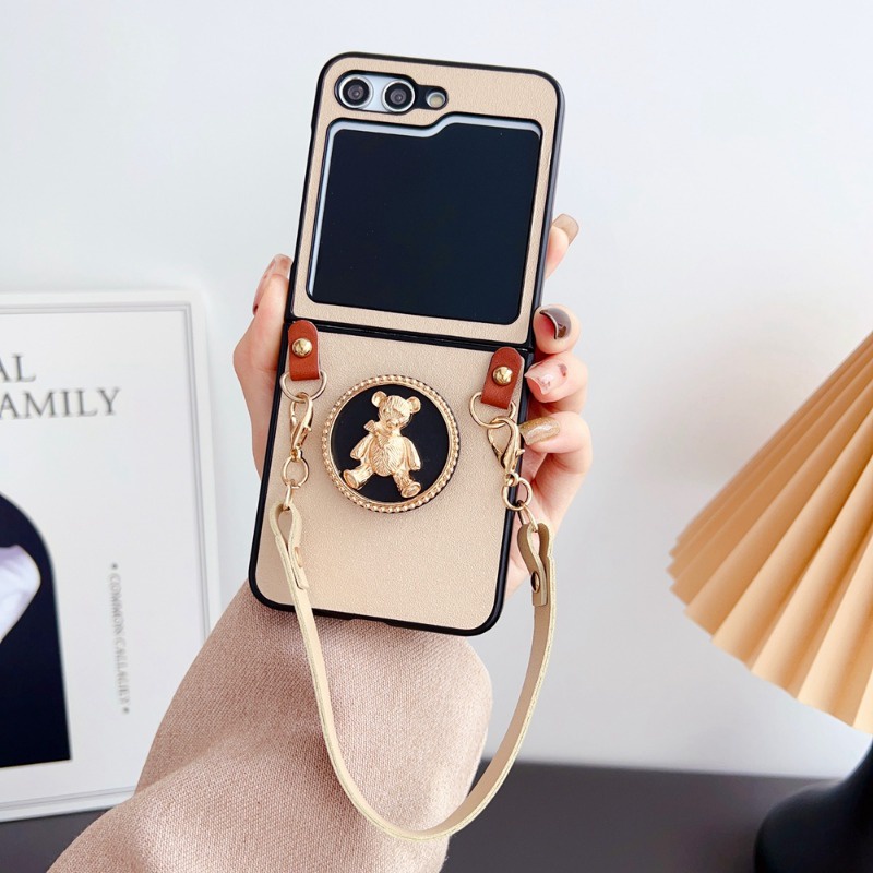 HOCE ZFlip5 Luxury pearl Chain Bear Bracket Leather Phone Case for ...