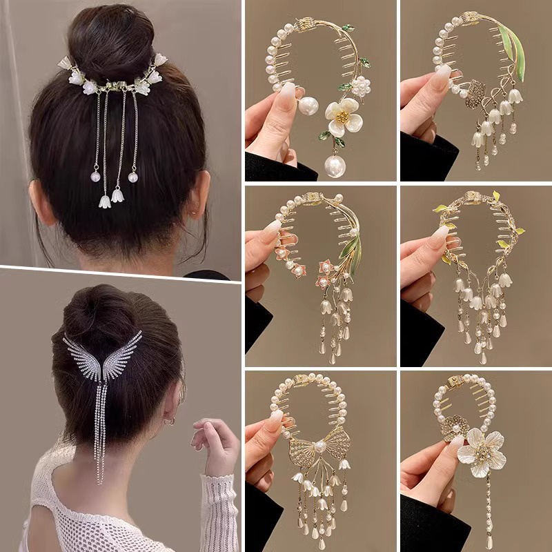 Pearl Butterfly Flower Tassel Hair Bun Buckle Hairpin Back Brain Spoon ...