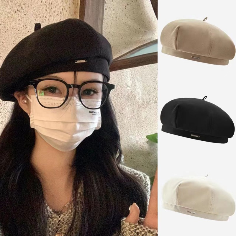 Black Versatile Buckle Beret Hat Korean Fashion Winter Hat for Woman ...
