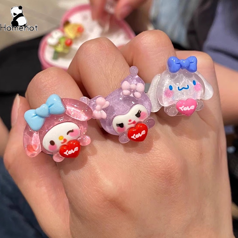 Cute Sanrio Ring Lovely Girl Heart Kuromi Melody Resin Ring Couple ...