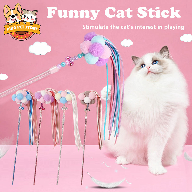 Cat Toys Pet Teaser Bell Feather Retractable Stick Kitten Toy ...