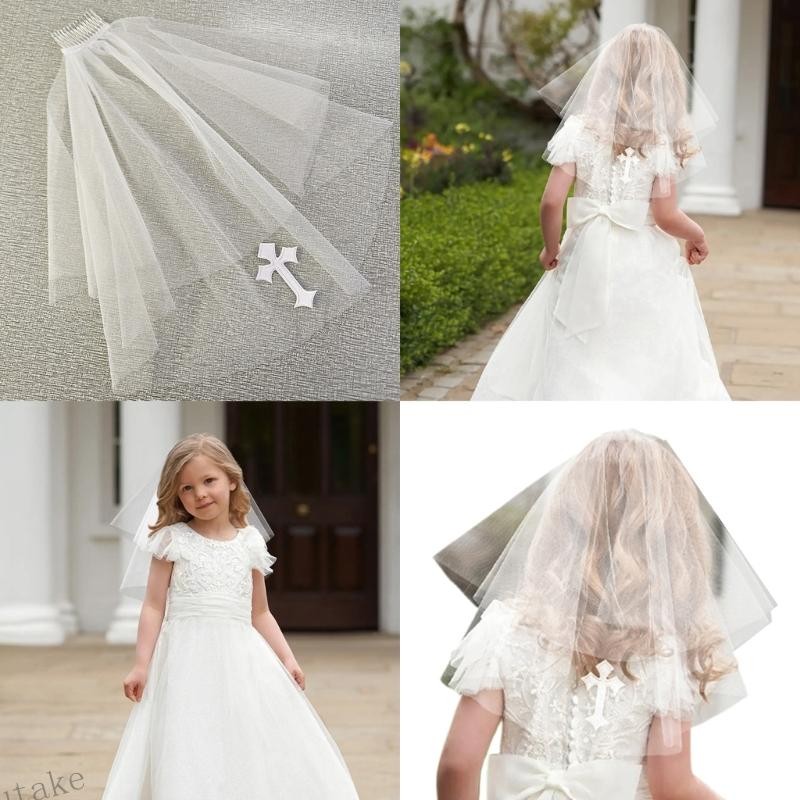 RUN Girls Communion Veil with Embroidery Lace Tulle Veil for Kids ...