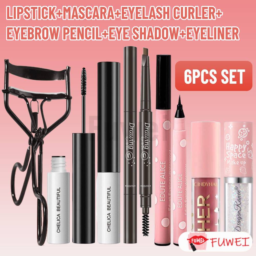 6Pcs EYE Makeup Set Waterproof Mascara Eyelash Curler Black Eyeliner ...