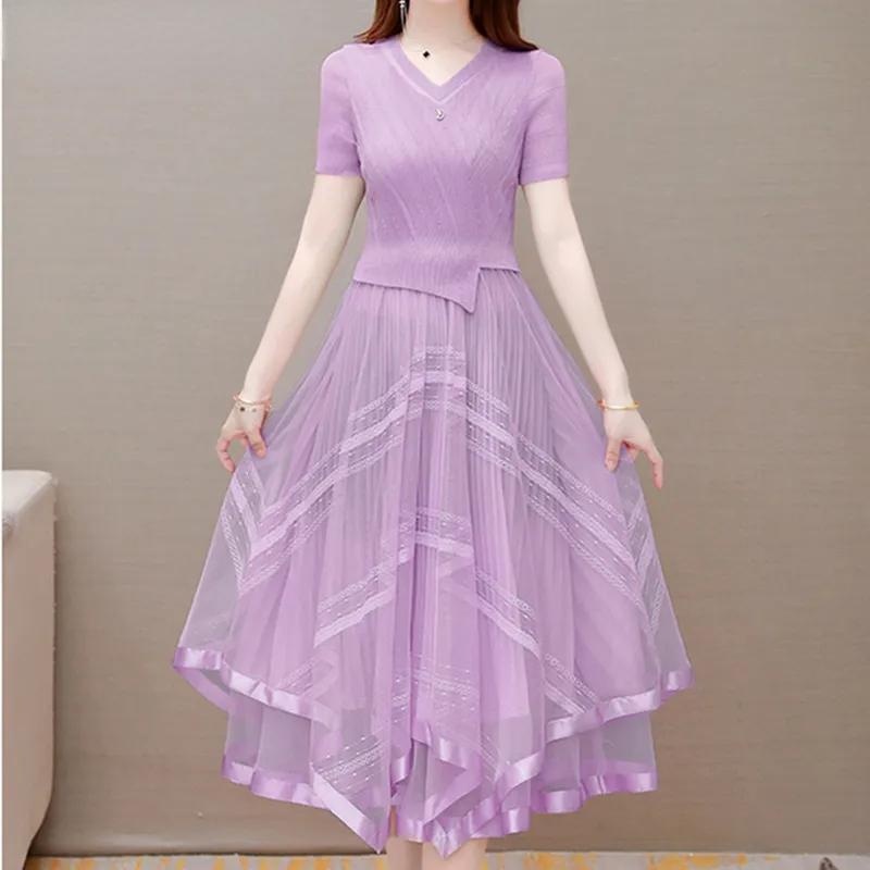 Plus Size S-3XL Women Mesh Dress Flare Pleated A Line Knitted Midi Knee ...