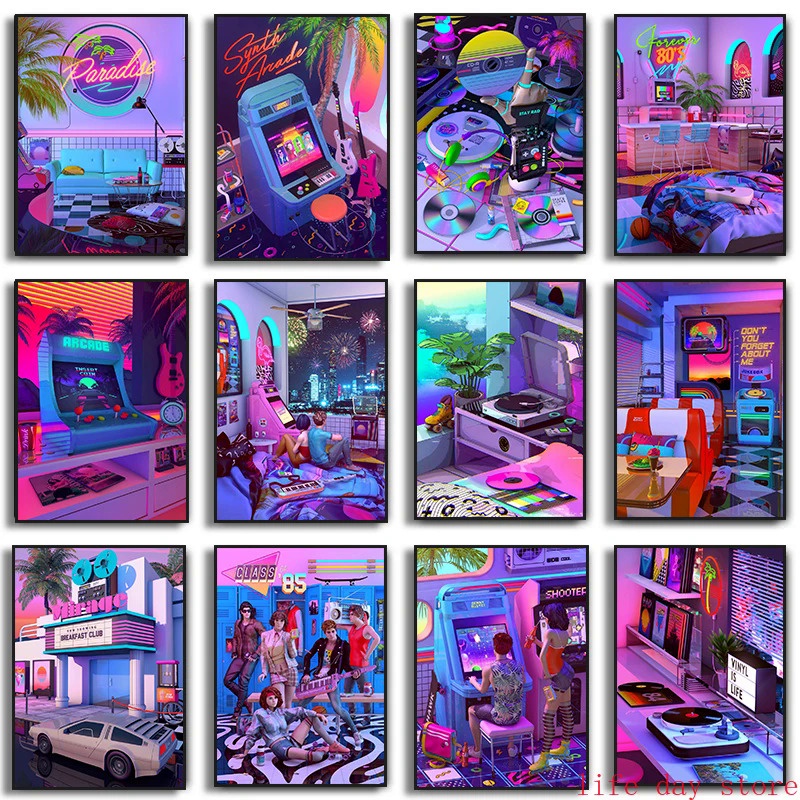 Neon Synthwave 80s Arcade Zone Dream Posters Vinyl Records Canvas ...