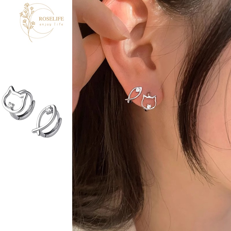Roselife Korean S925 Silver Crystal Hollow Fish Kitty Cat Piercing Hoop ...