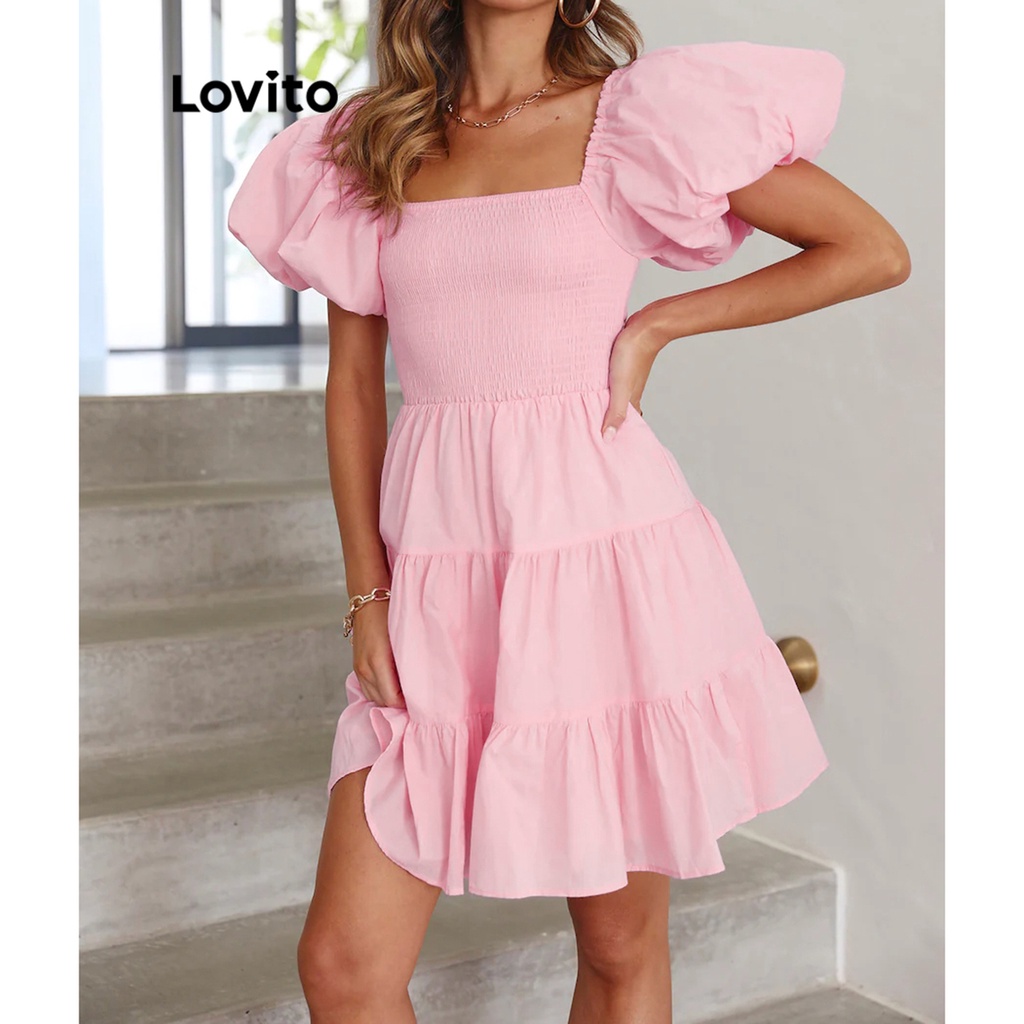 Lovito Women Smocked Cascading Ruffle Hem Dress LNE31200 | Shopee ...