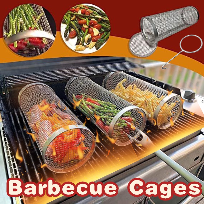 Barbecue Cages Stainless steel Round Rolling BBQ Basket Grill outdoor ...