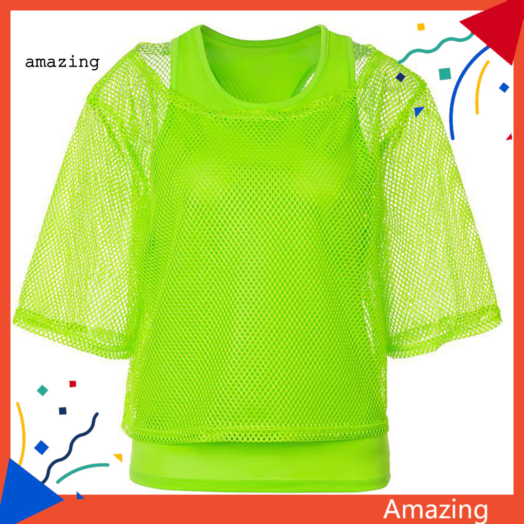 [AM] Neon Bright Mesh Top Tank Top Colorful Mesh Shirt Vest Set 2pcs ...