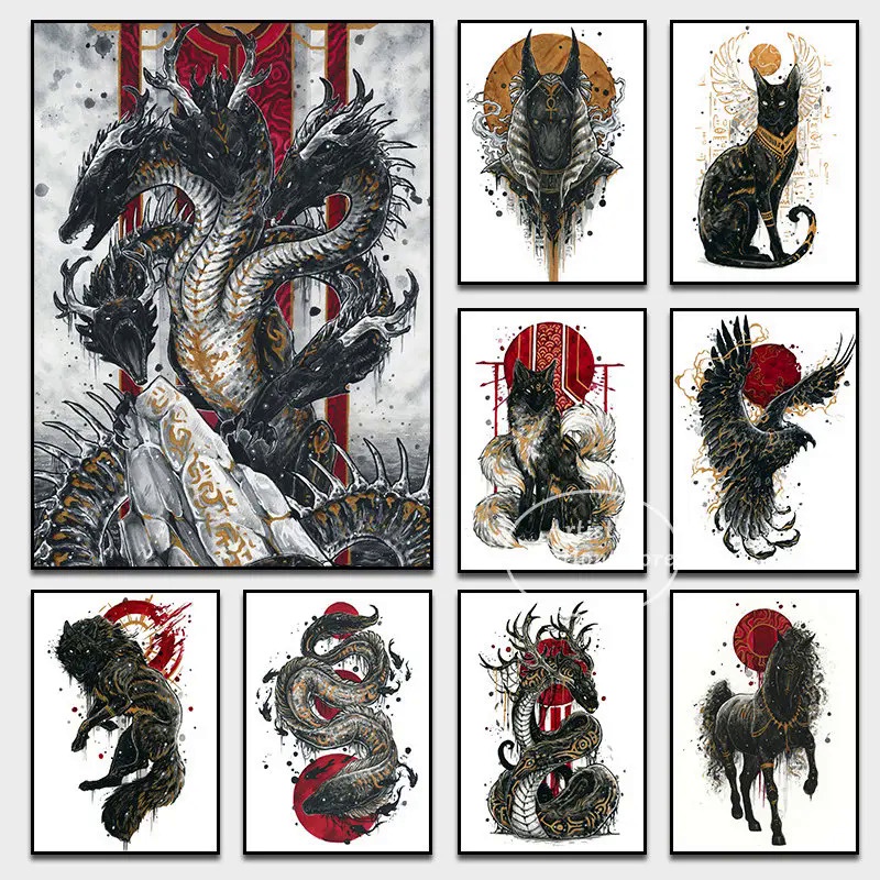 Mythical Creatures Dragon Bull Kitsune Animals Canvas Painting Black ...