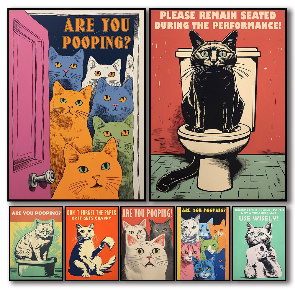 Are You Pooping Bathroom Sign Funny Cat Quotes Poster Canvas Painting ...