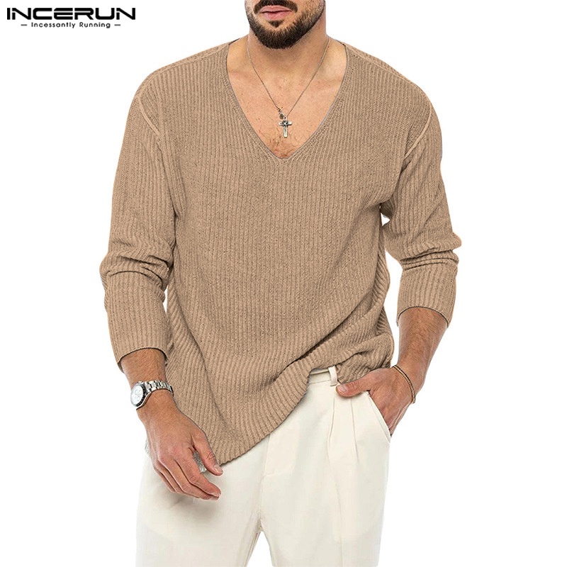 INCERUN Men Vintage Fashion V-Neck Pit Stripe Long Sleeve T-Shirts ...