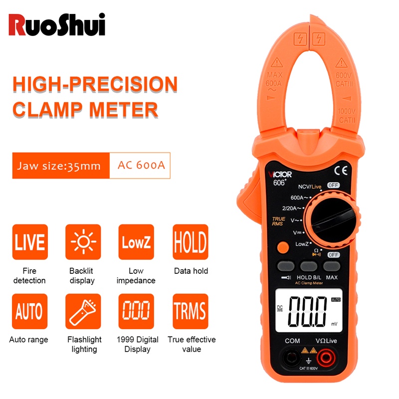 Victor 606+ Digital Clamp Meter TRUE RMS DC/AC Multimeter Ammeter ...