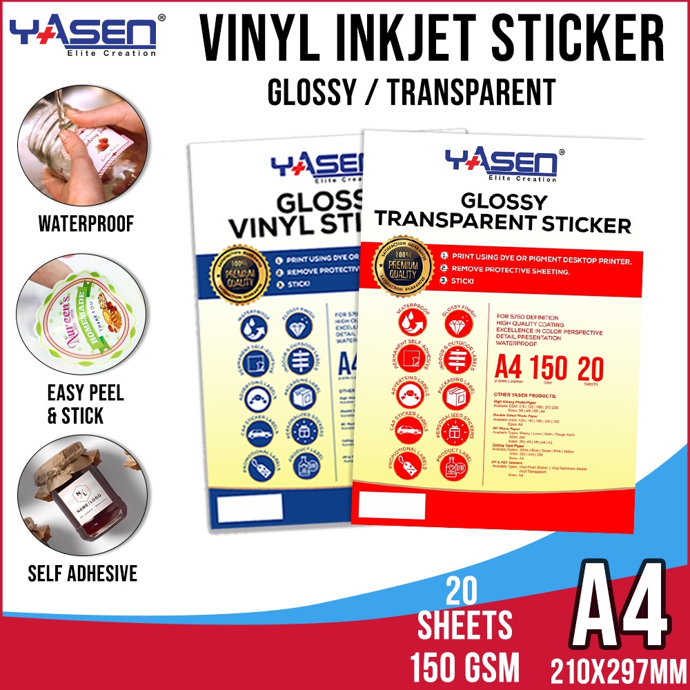 Yasen Vinyl Inkjet Sticker Paper A4 Size (Glossy, Transparent) 20 ...