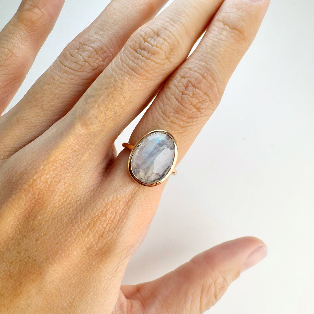 Handmade 13 x 16 mm. Freeform Rose Cut White Indian Moonstone Ring ...