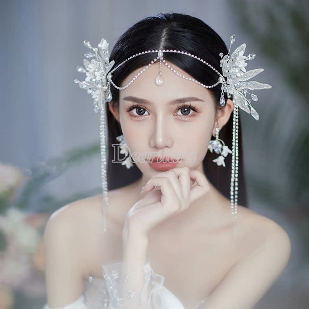 Beautiful Bride Wedding Dress White Yarn Hairpin Forest Crystal Flower ...