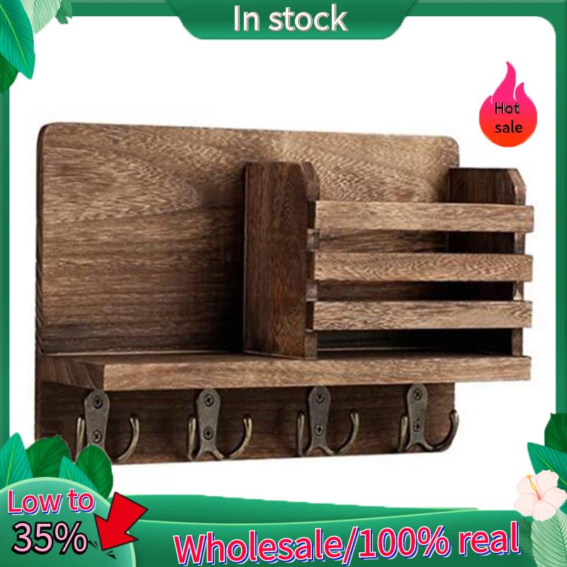 Entryway Mail Envelope Organizer with 4 Key Hooks Wall Mounted, Rustic ...