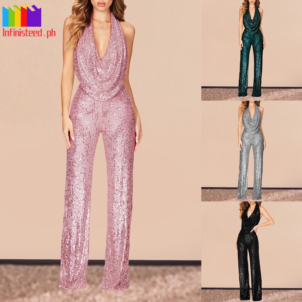 IFin Women Bodycon Romper Backless Swing Collar Casual Jumpsuit Sequin ...