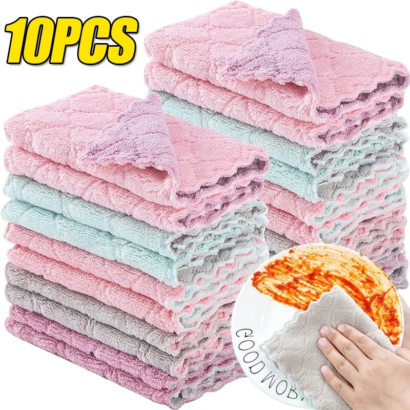 3/5/10Pcs Kitchen Coral Fleece Dishcloths/Double-layer Microfiber Non ...