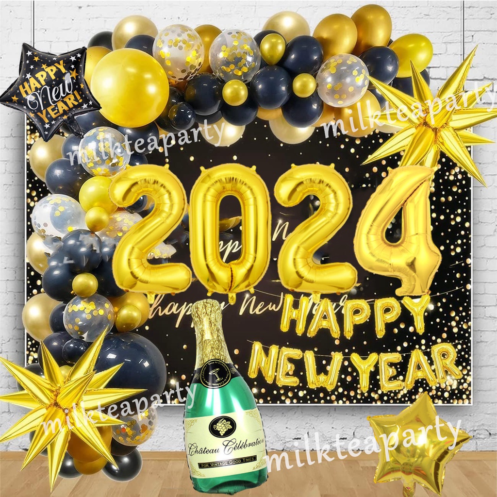 2024 Happy New Year Balloons 32"Gold Number Balloon Black Gold ...